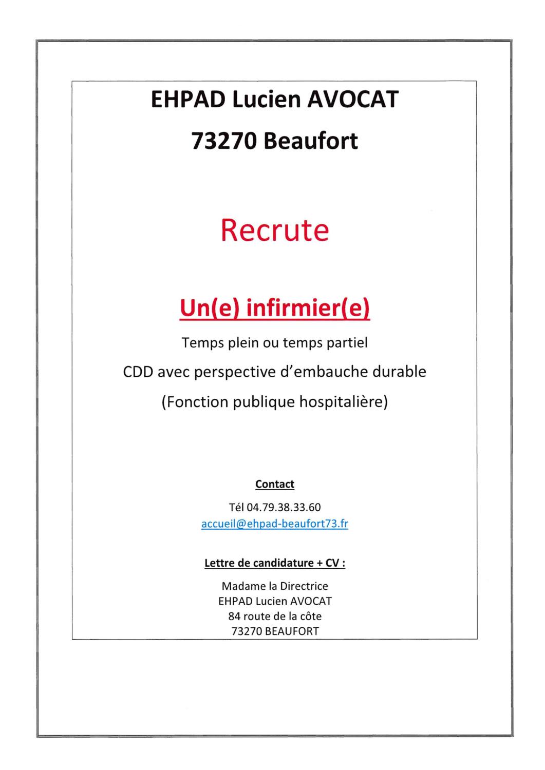 EHPAD Lucien AVOCAT - Recrutement - Ville de Beaufort EHPAD Lucien AVOCAT - Recrutement - Ville de Beaufort